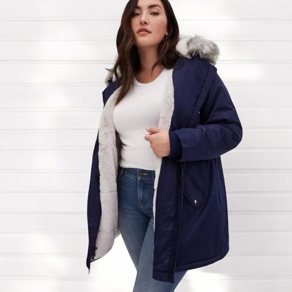 torrid | Jackets & Coats | Torrid Twill Fur Trim Parka Blue Coat ...